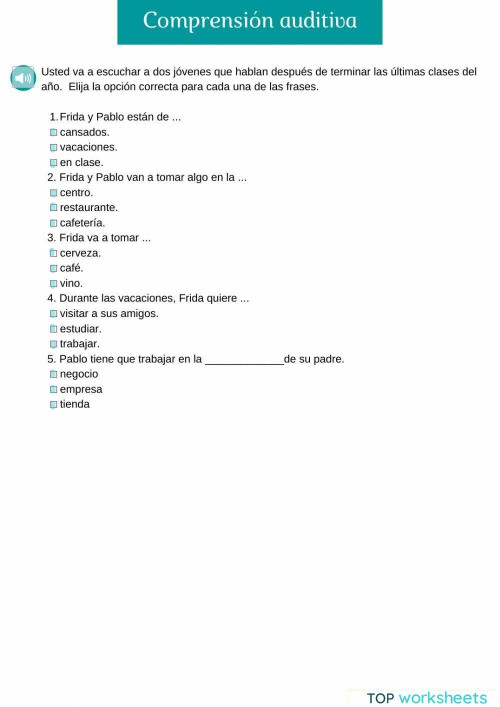 Comprensión auditiva -Fin de clases. Ficha interactiva | TopWorksheets