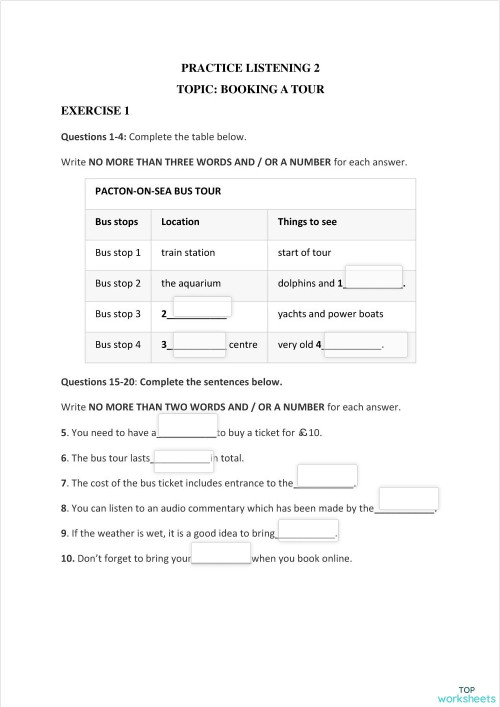 LISTENING PRACTICE: BOOKING A TOUR. Interactive worksheet | TopWorksheets
