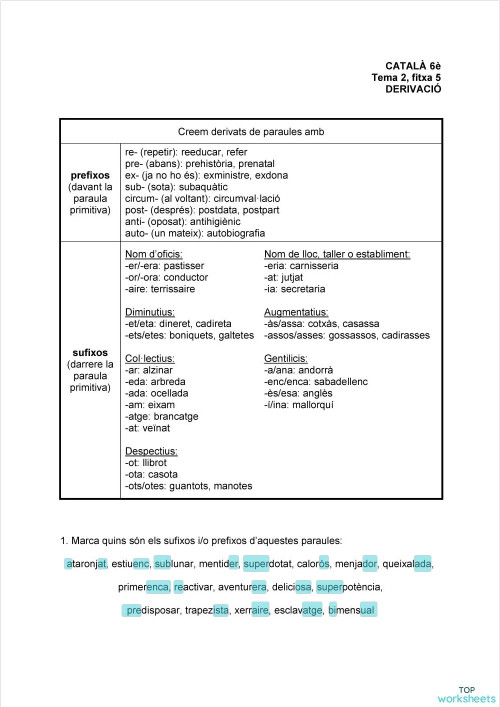 Prefixos i sufixos: fitxes interactives i exercicis online | TopWorksheets