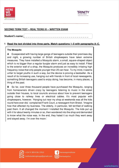 SECOND TERM TEST - REAL TEENS III - WRITTEN EXAM. Interactive worksheet ...