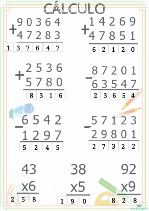 Cálculo: operaciones básicas de suma, resta y multiplicación . Ficha ...