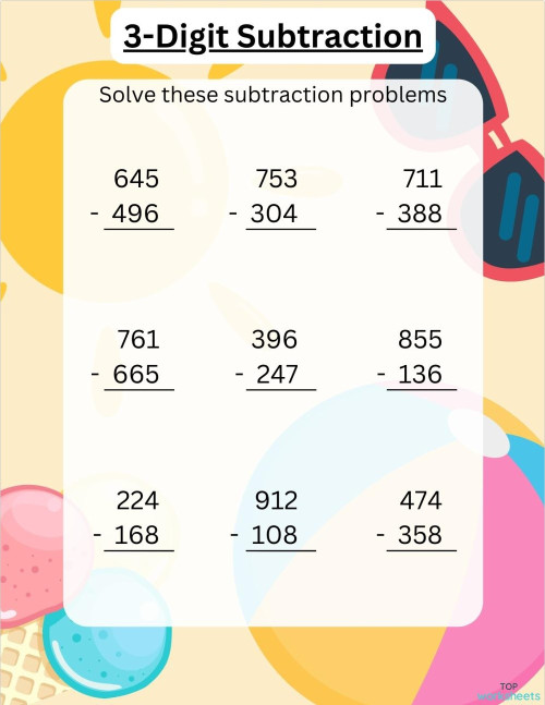 3-Digit Subtraction. Interactive worksheet | TopWorksheets