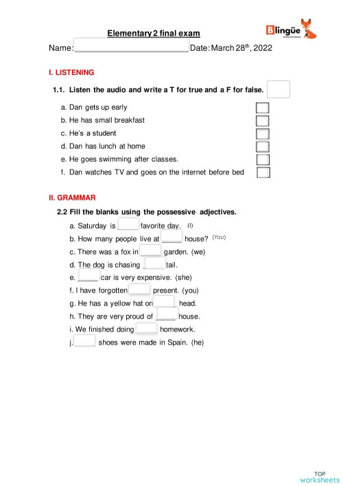 Elementary II - Final Exam. Interactive worksheet | TopWorksheets