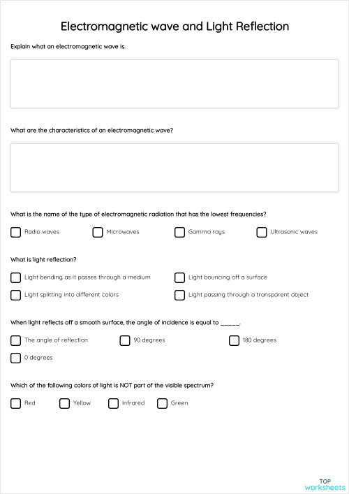 Electromagnetic wave and Light Reflection. Interactive worksheet ...