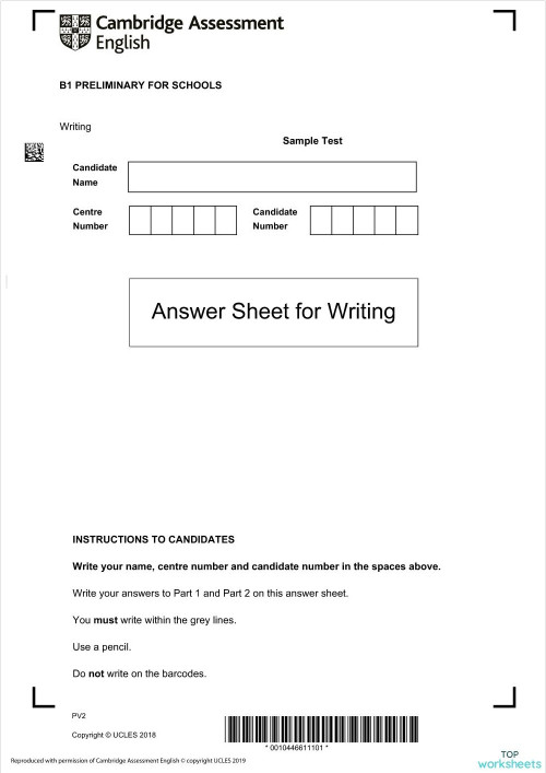 B1 - Writing - Answer Sheet. Interactive worksheet | TopWorksheets