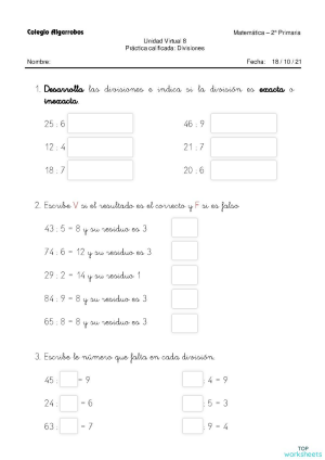 Practica calificada/Divisiones. Ficha interactiva | TopWorksheets