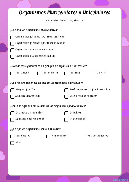 Organismos Pluricelulares y Unicelulares. Ficha interactiva | TopWorksheets