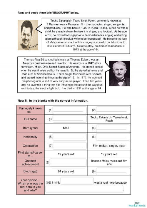 Eng Y6W8T1 - Short Biography Study. Interactive worksheet | TopWorksheets