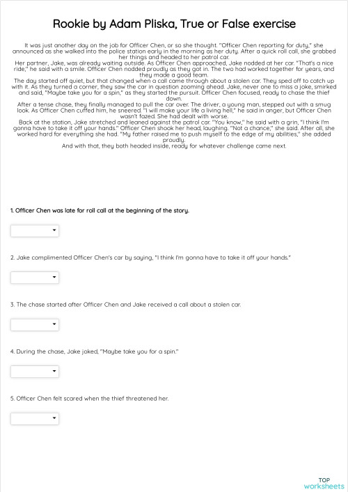 Rookie by Adam Pliska, B) True or False exercise. Interactive worksheet ...