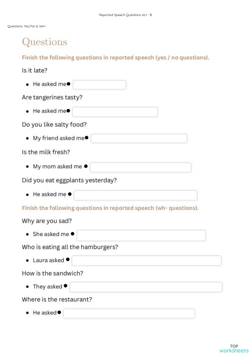 Reported Speech Questions Act - B. Interactive worksheet | TopWorksheets