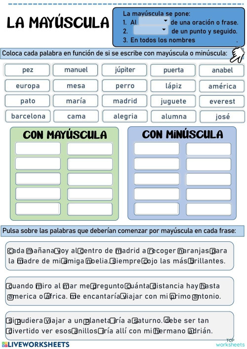 Mayusculas- Español - Examen 1. Ficha interactiva | TopWorksheets