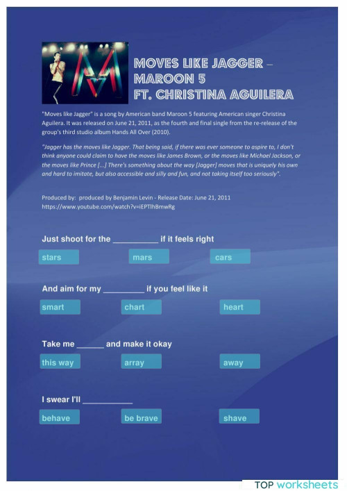 Song Quiz - Maroon 5 - Like Jagger. Interactive worksheet | TopWorksheets