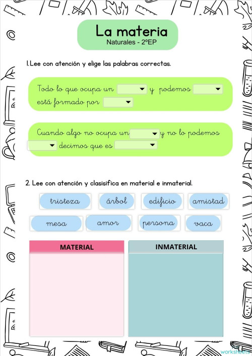 Materia y energía: fichas interactivas y ejercicios online | TopWorksheets