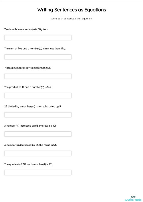 Writing equation sentences ใบงานเชิงโต้ตอบ | TopWorksheets