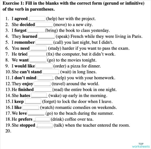 Verb patterns(gerund/infinitive). Interactive worksheet | TopWorksheets