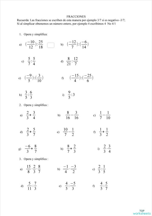 Operaciones con fracciones. Ficha interactiva | TopWorksheets
