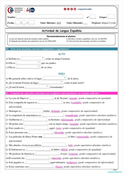 Adjetivos: fichas interactivas y ejercicios online | TopWorksheets