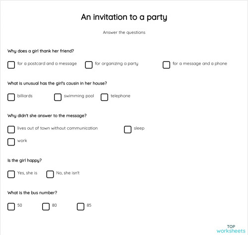 An invitation to a party. Interactive worksheet | TopWorksheets