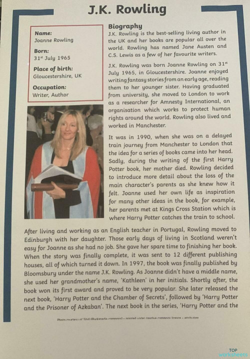 BIOGRAPHY COMPRHENSION ON JK ROWLING. Interactive worksheet | TopWorksheets