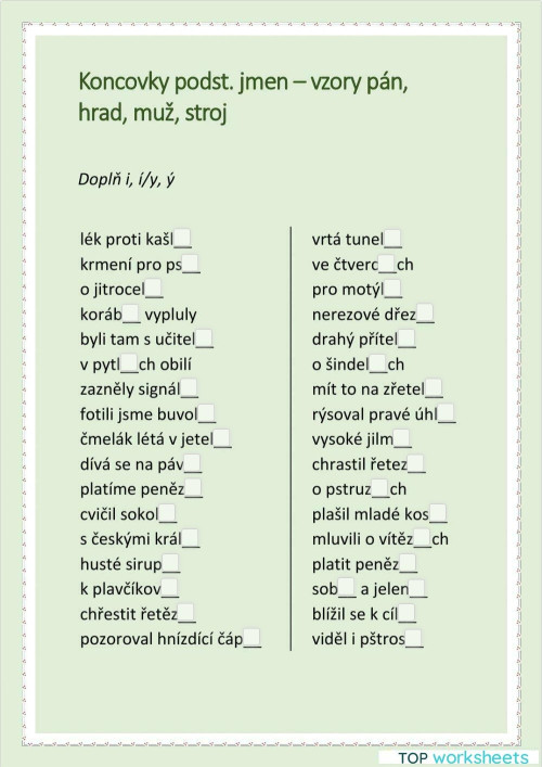Čeština: interaktivní pracovní listy a online cvičení | TopWorksheets