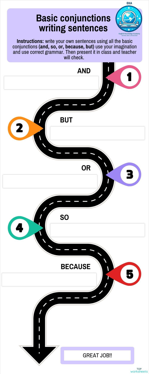 Basic conjunctions writing sentences. Interactive worksheet | TopWorksheets
