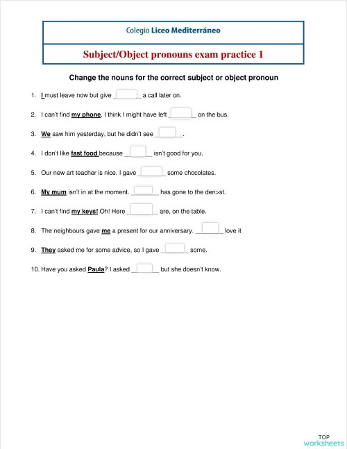 Subject object pronouns exam practice 1. Interactive worksheet ...