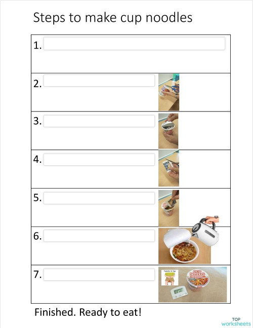 Recipe - make cup noodles. Interactive worksheet | TopWorksheets
