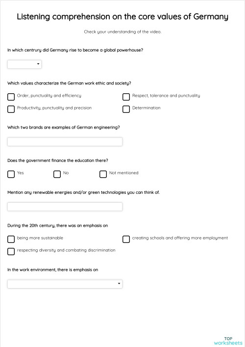 Listening comprehension on the core values of Germany. Interactive ...