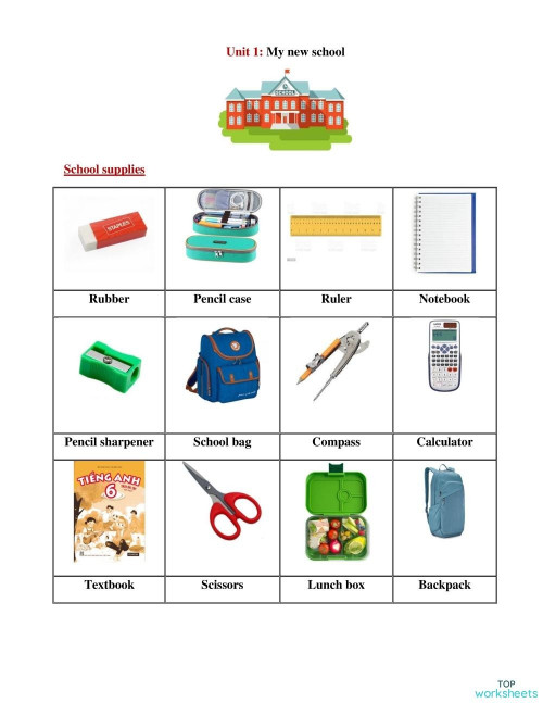 VOCAB ENGLISH 6 - UNIT 1 - MY SCHOOL. Bài tập tương tác | TopWorksheets