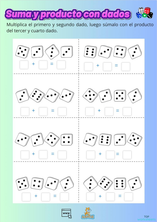 Suma con dados 02. Ficha interactiva | TopWorksheets