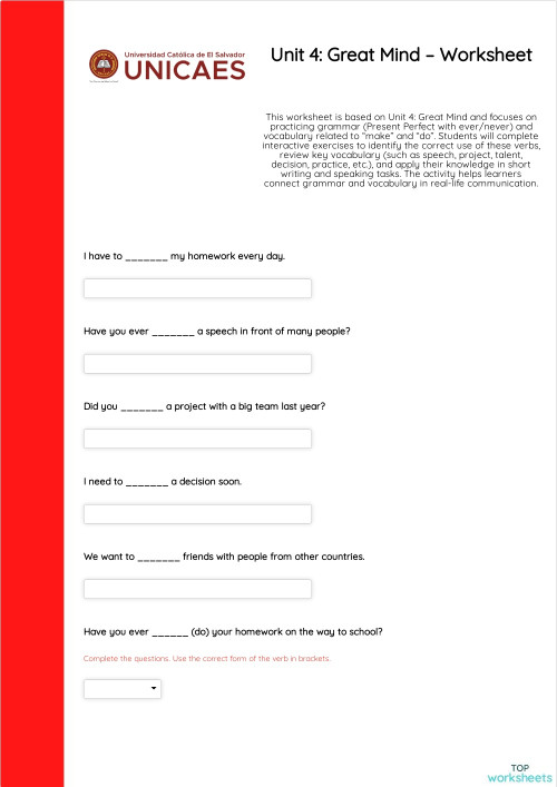 Unit 4: Great Mind – Worksheet. Interactive worksheet | TopWorksheets