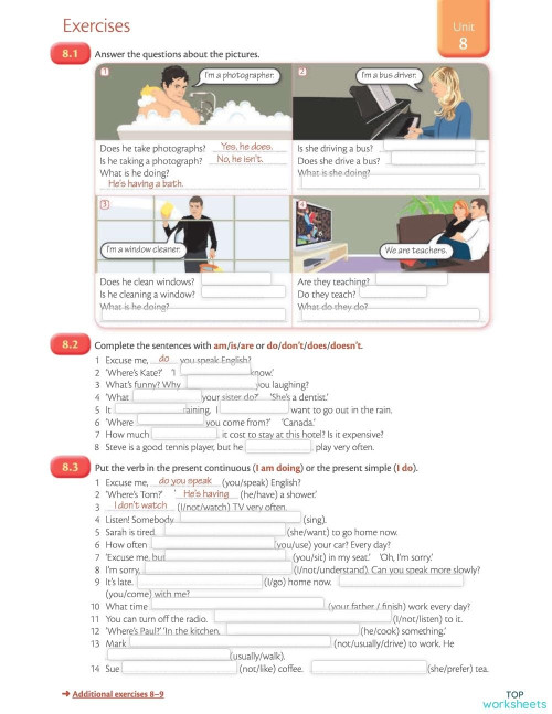 UNIT 8 BASIC PRESENT SIMPLE VS CONTINUOUS. Ficha interactiva | TopWorksheets