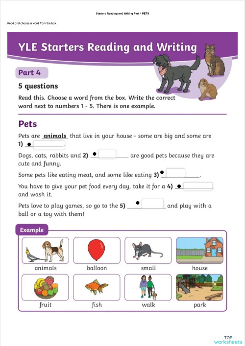 Starters Reading and Writing Part 4 PETS. Interactive worksheet ...