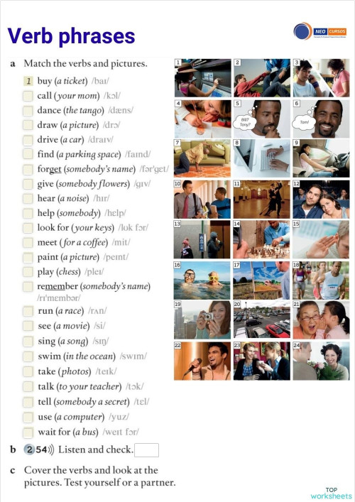 NEO CURSOS - A1 - Verb phrases. Interactive worksheet | TopWorksheets