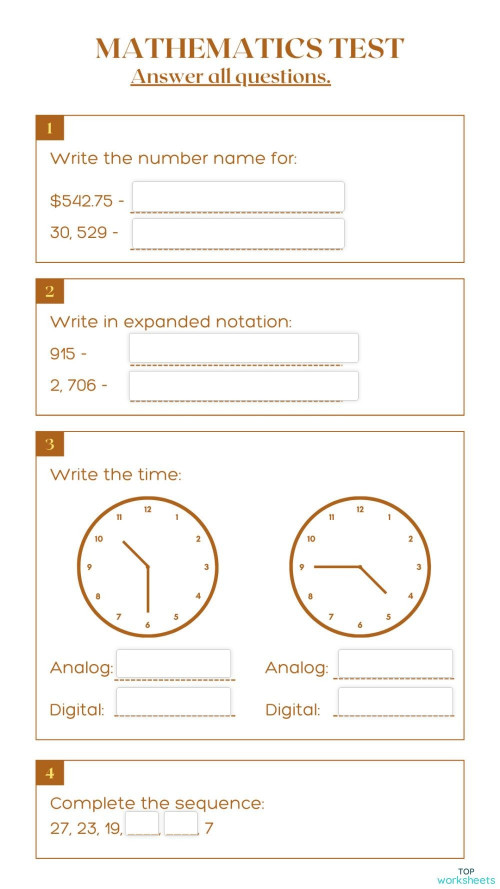Mathematics Test. Interactive worksheet | TopWorksheets