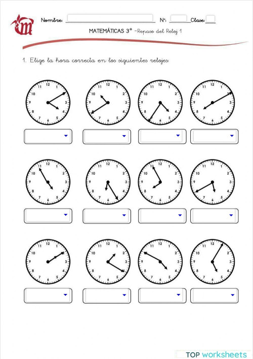 Repaso del Reloj Analógico 3º Primaria. Ficha interactiva | TopWorksheets