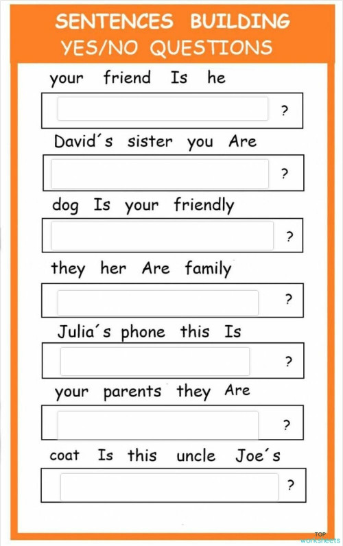 Sentences Building Yes/No Questions ใบงานเชิงโต้ตอบ | TopWorksheets