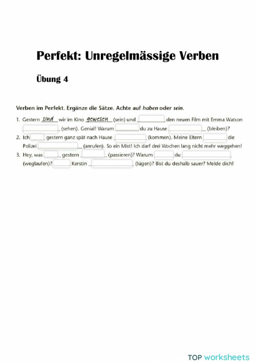 Perfekt Übung 4 - unregelmässige Verben. Interaktives Arbeitsblatt ...