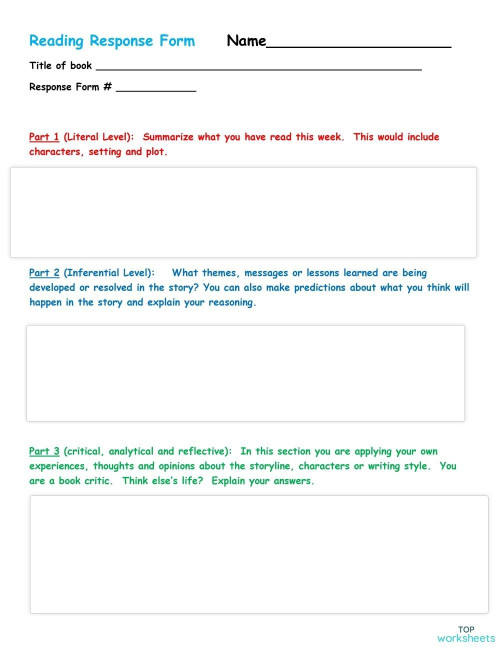 Reading Response Entry 1. Interactive worksheet | TopWorksheets