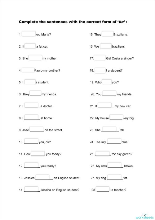 A1 Elementary - Extra Exercises (To be). Interactive worksheet | TopWorksheets