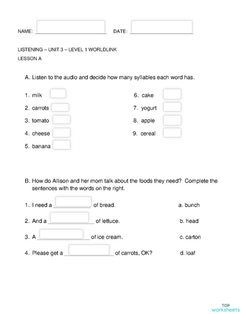 LISTENING - FOOD VOCABULARY. Interactive worksheet | TopWorksheets