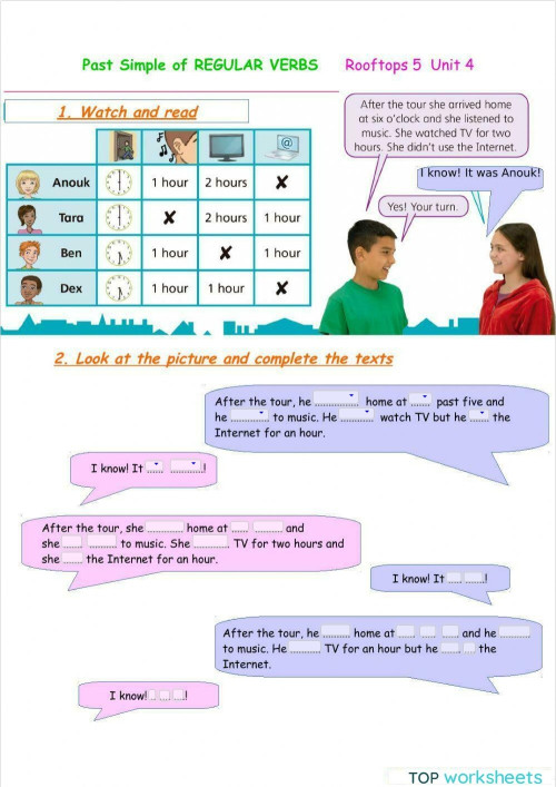 Past simple of Regular Verbs Rooftops 5 Unit 4. Interactive worksheet | TopWorksheets
