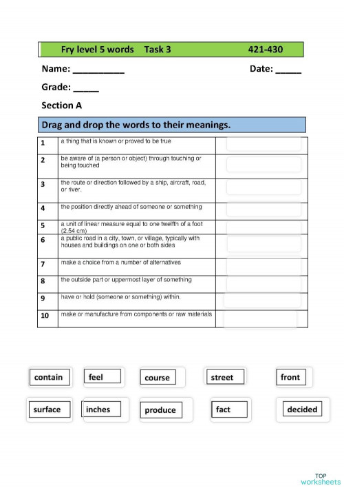 Fry level 5 words Task 3 421-430. Interactive worksheet | TopWorksheets