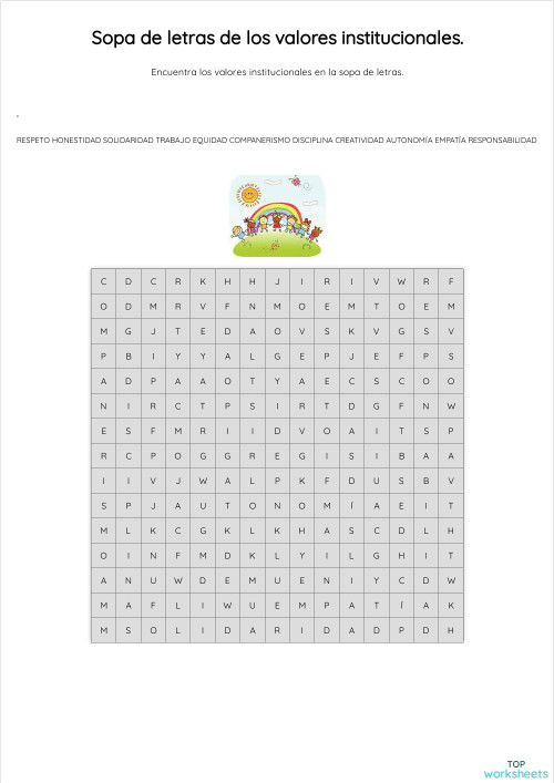 Sopa de letras de los valores institucionales.. Ficha interactiva ...