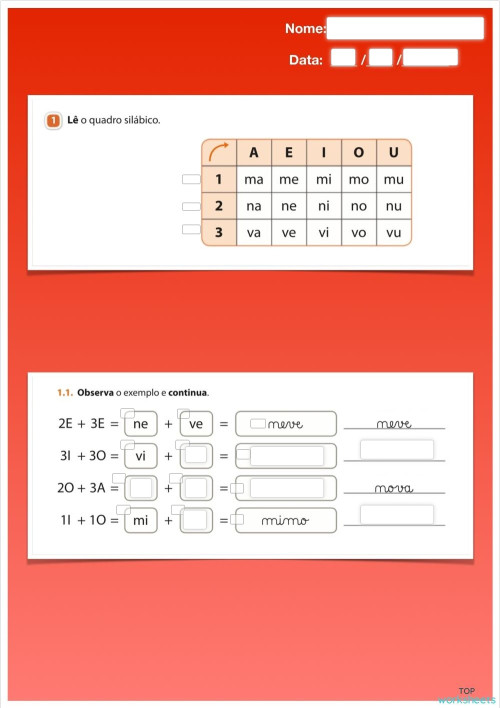 Ficha de trabalho MNV. Ficha interativa | TopWorksheets