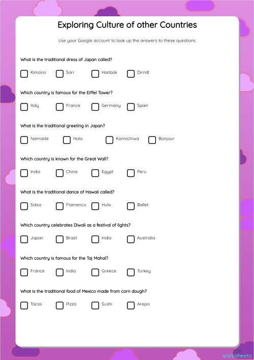 Exploring Culture of other Countries. Interactive worksheet | TopWorksheets