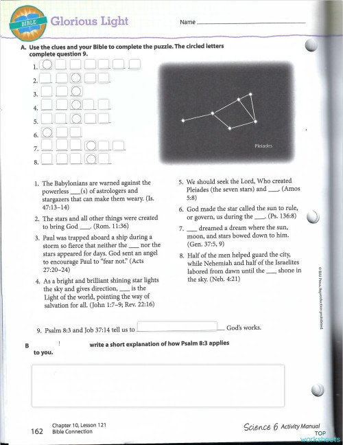 Lesson 121: Glorious Light Pg 162. Interactive worksheet | TopWorksheets