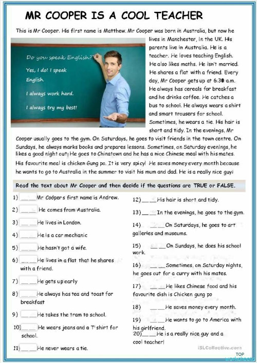 Present Somple 3rd person -text understanding. Interactive worksheet ...