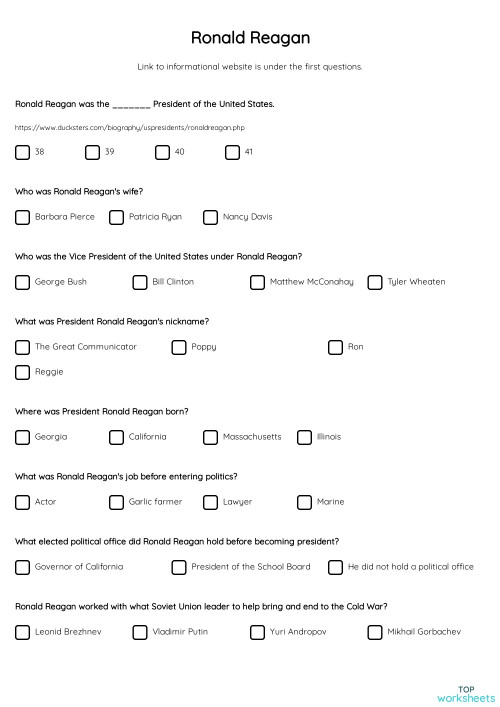 Ronald Reagan. Interactive worksheet | TopWorksheets
