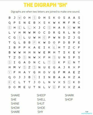 The Digraph SH Word Search - Beginner's Class. Interactive worksheet ...